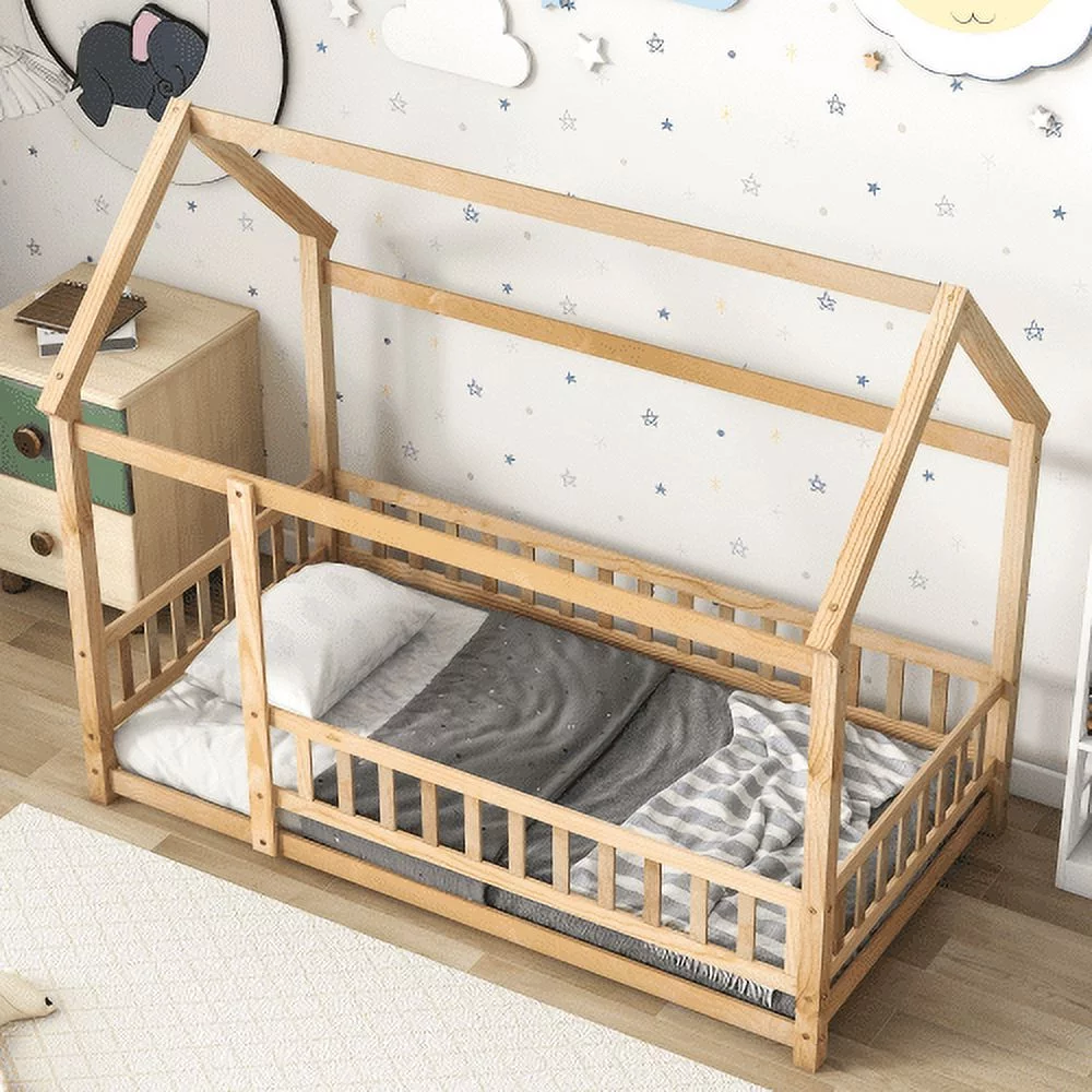 Full Size Floor Bed with Fence Guardrails for Kids, Montessori Bed ...