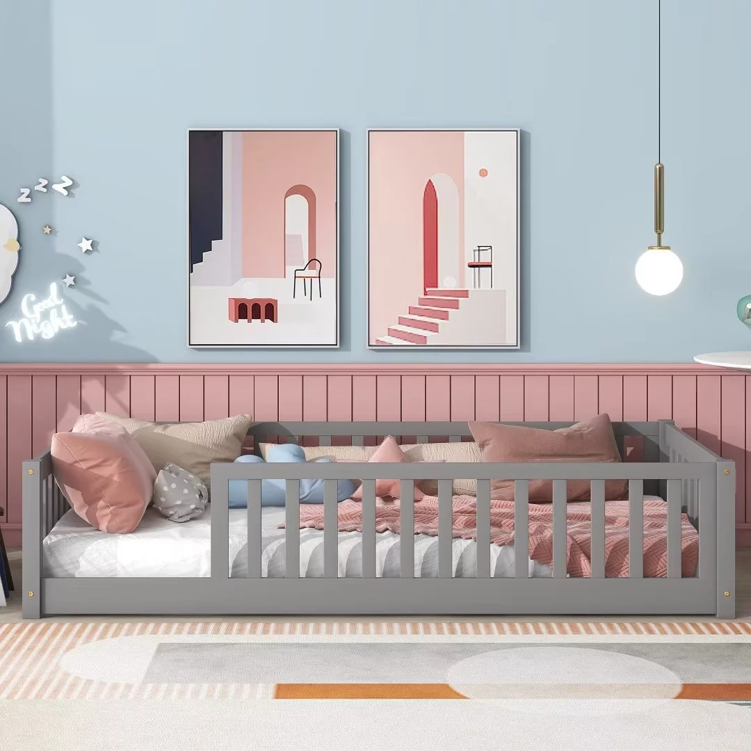 Full Size Floor Bed with Fence Guardrails for Kids, Montessori Bed ...